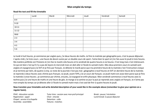 Mon emploi du temps | Teaching Resources