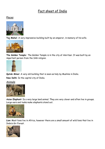 India Fact Sheet Places, Animals and Food | Teaching Resources