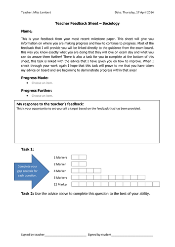 Exam Feedback Sheet | Teaching Resources