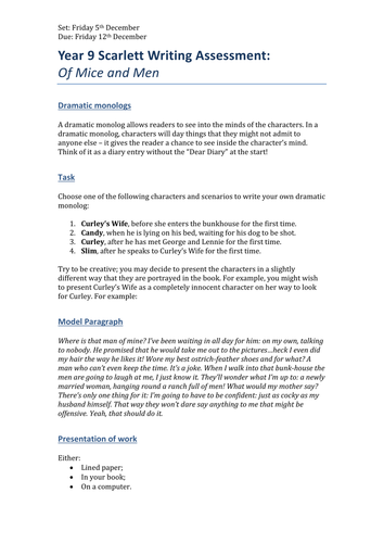 Of Mice and Men Writing Assessment | Teaching Resources