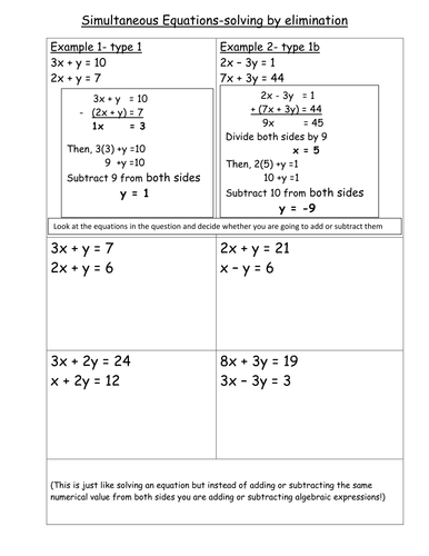 Simultaneous equations (elimination) with guidance | Teaching Resources Simultaneous equations (elimination) with guidance | Teaching Resources