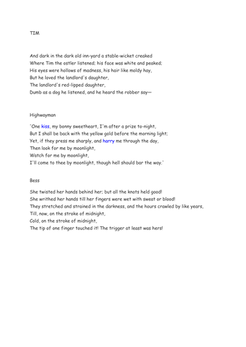 The Highwayman - week 2 | Teaching Resources