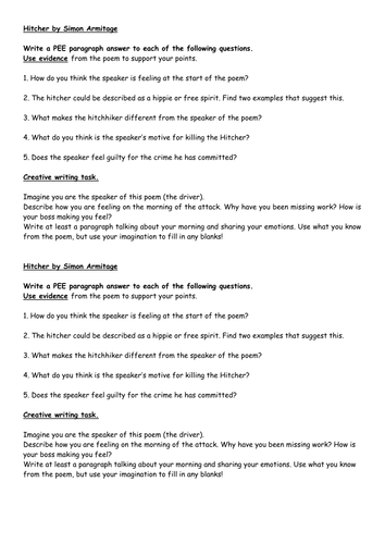 Hitcher - Simon Armitage (2 lessons, PEE) | Teaching Resources