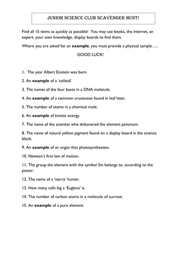 Science Club Scavenger Hunt | Teaching Resources