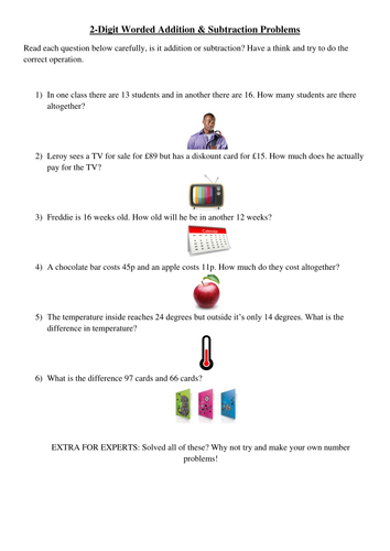 2 Digit Worded Addition And Subtraction Problems | Teaching Resources