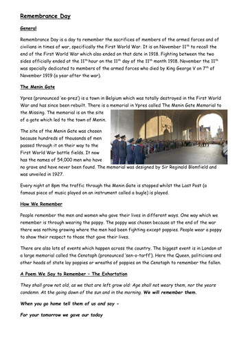 Remembrance Day Comprehension | Teaching Resources