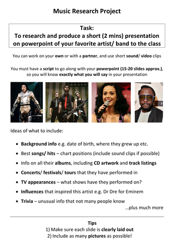 'Music Research Project' Worksheet | Teaching Resources