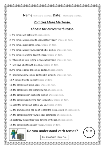 Minecraft/Halloween Grammar/Zombies make me tense. | Teaching Resources