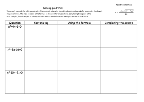 Solving quadratics differentiated | Teaching Resources