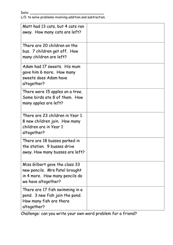 Addition and Subtraction word problems Yr 1 | Teaching Resources