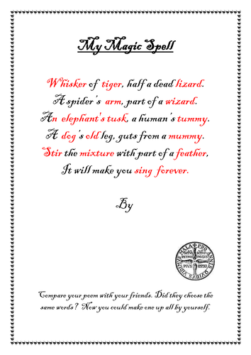 Magic Spell Maker (Rhyming Poem) | Teaching Resources