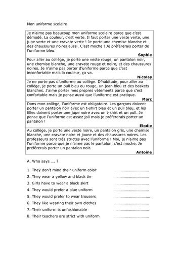 Mon uniforme scolaire | Teaching Resources