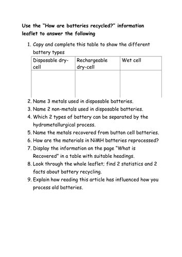 batteries literacy task | Teaching Resources