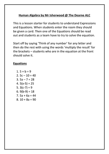 Human Algebra Starter | Teaching Resources