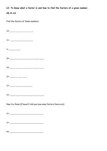 3 differentiated worksheets finding factors | Teaching Resources