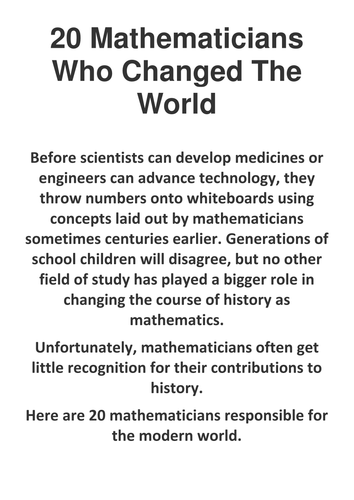 20 Mathematicians Who Changed The World | Teaching Resources