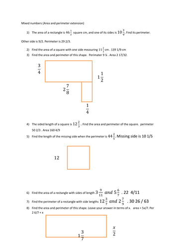 Mixed numbers area and perimeter extension | Teaching Resources