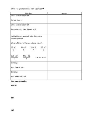 Starter: recap writing expressions | Teaching Resources