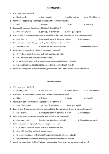 Intouchables (le film) : questionnaire | Teaching Resources