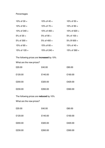 Percentage Worksheet (1) | Teaching Resources