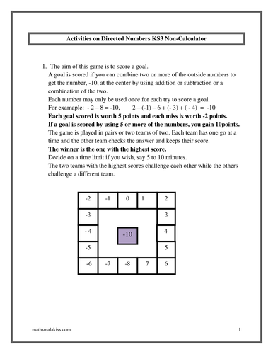 3 Activities on Directed Numbers KS3 NC | Teaching Resources