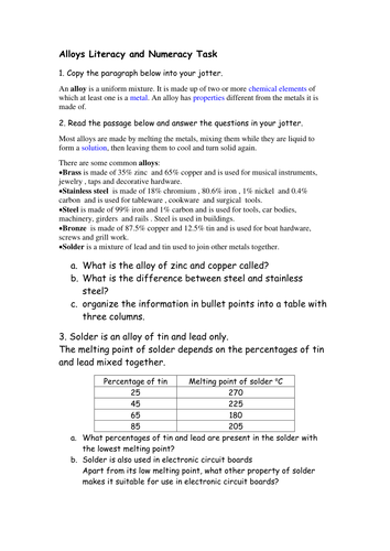 Alloys: Science Problems and Literacy Skills Task | Teaching Resources