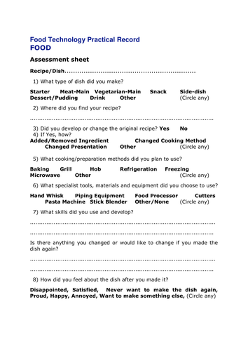 Practical Food Self Assessment Sheet | Teaching Resources