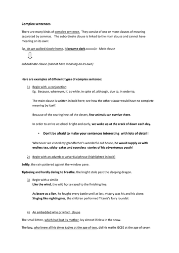 complex sentence examples | Teaching Resources