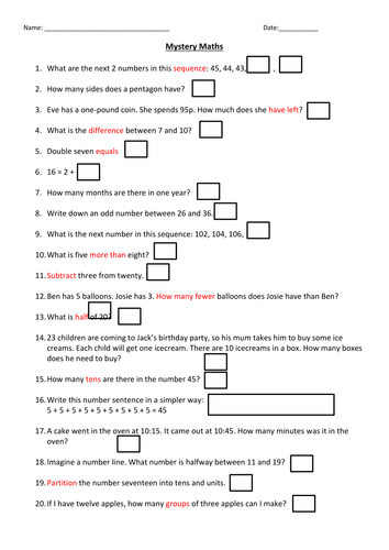 Start of year 3 math assessment | Teaching Resources