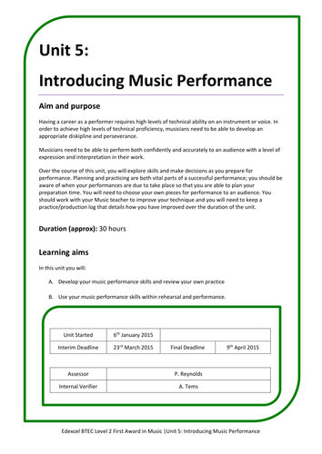 BTEC Music (New 2013 Spec) Unit 5 Assign Brief | Teaching Resources