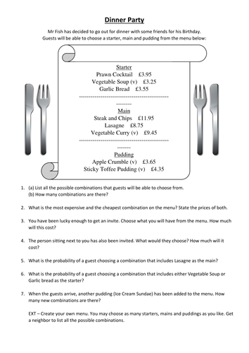 Combinations of events - dinner party | Teaching Resources