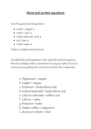 AQA GCSE Word and symbol equations by - UK Teaching Resources - TES