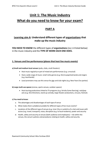 Unit 1 The Music Industry Revision Guide | Teaching Resources