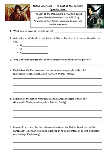 Last of the Mohicans Question Sheet | Teaching Resources