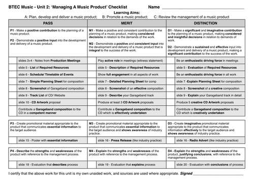 BTEC Music (New 2013 Spec) Unit 2 Pupil Checklist | Teaching Resources