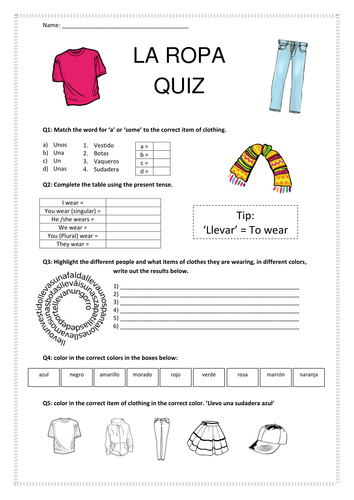 La Ropa Worksheets