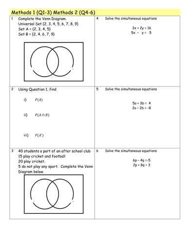 Revision sheet (Venn diagrams and sim. equations) | Teaching Resources