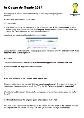 La Coupe du Monde - World Cup Webquest - French | Teaching Resources