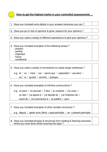 Spanish checklist for Controlled Assessments | Teaching Resources
