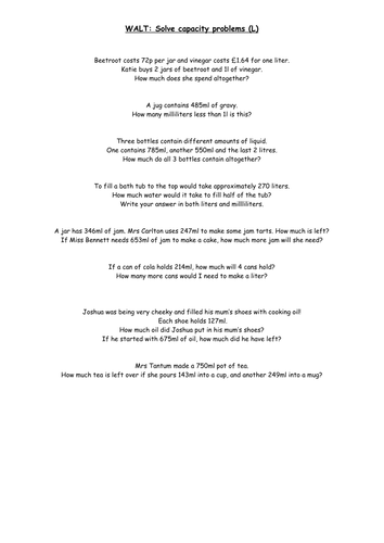 Capacity Word Problems | Teaching Resources