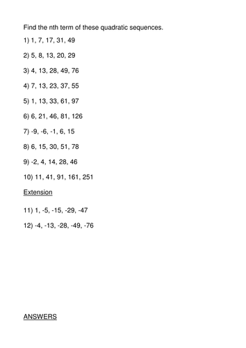 Quadratic Sequences By Dannytheref Teaching Resources Tes