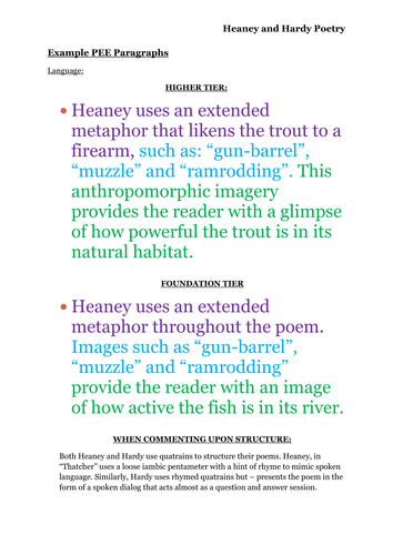 Heaney and Hardy Revision Lesson 1 | Teaching Resources