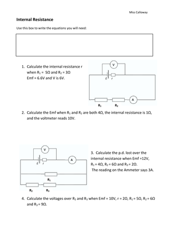 Internal resistance worksheet | Teaching Resources