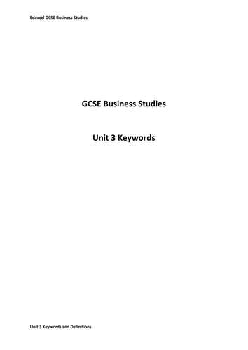Edexcel GCSE Business Unit 3 Keyword Booklet | Teaching Resources