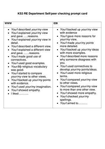 Self and Peer Marking Prompts by JennyHelmer - Teaching Resources - TES