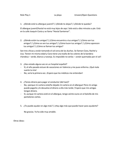 Leaving Cert Spanish Role Play 1 Unseen Qs | Teaching Resources