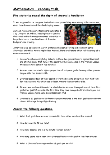 Reading homework - literacy in Math | Teaching Resources