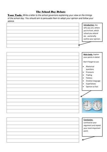 The School Day Debate Persuasive Writing | Teaching Resources