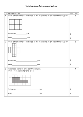 Area Perimeter Volume topic tests Level 2-7 | Teaching Resources