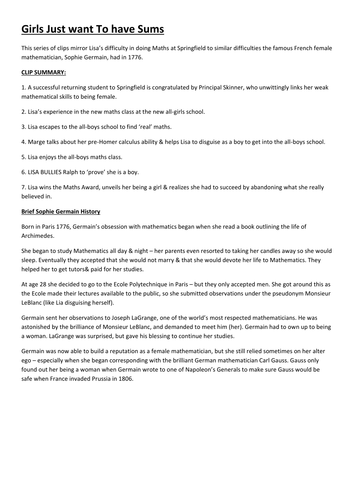 Math & the Simpsons - Part 9 = Lisa & Sophie G | Teaching Resources